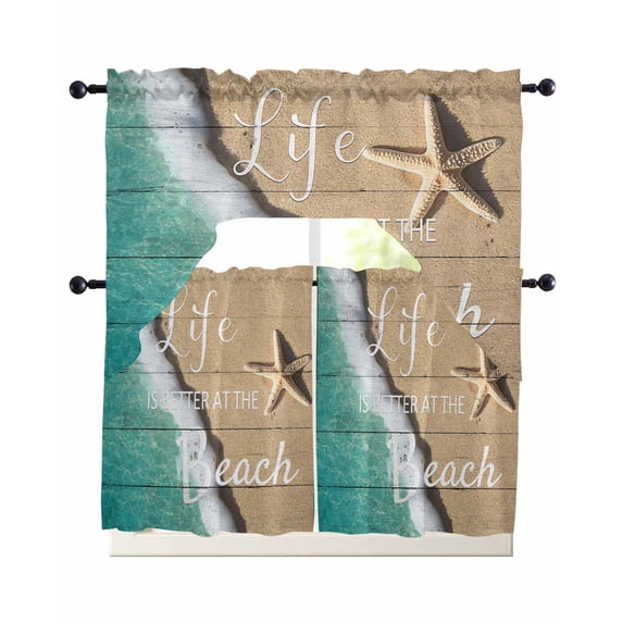 Beige Blue Summer Beach Kitchen Curtain and Valance Set 3 Pieces,Rod ...