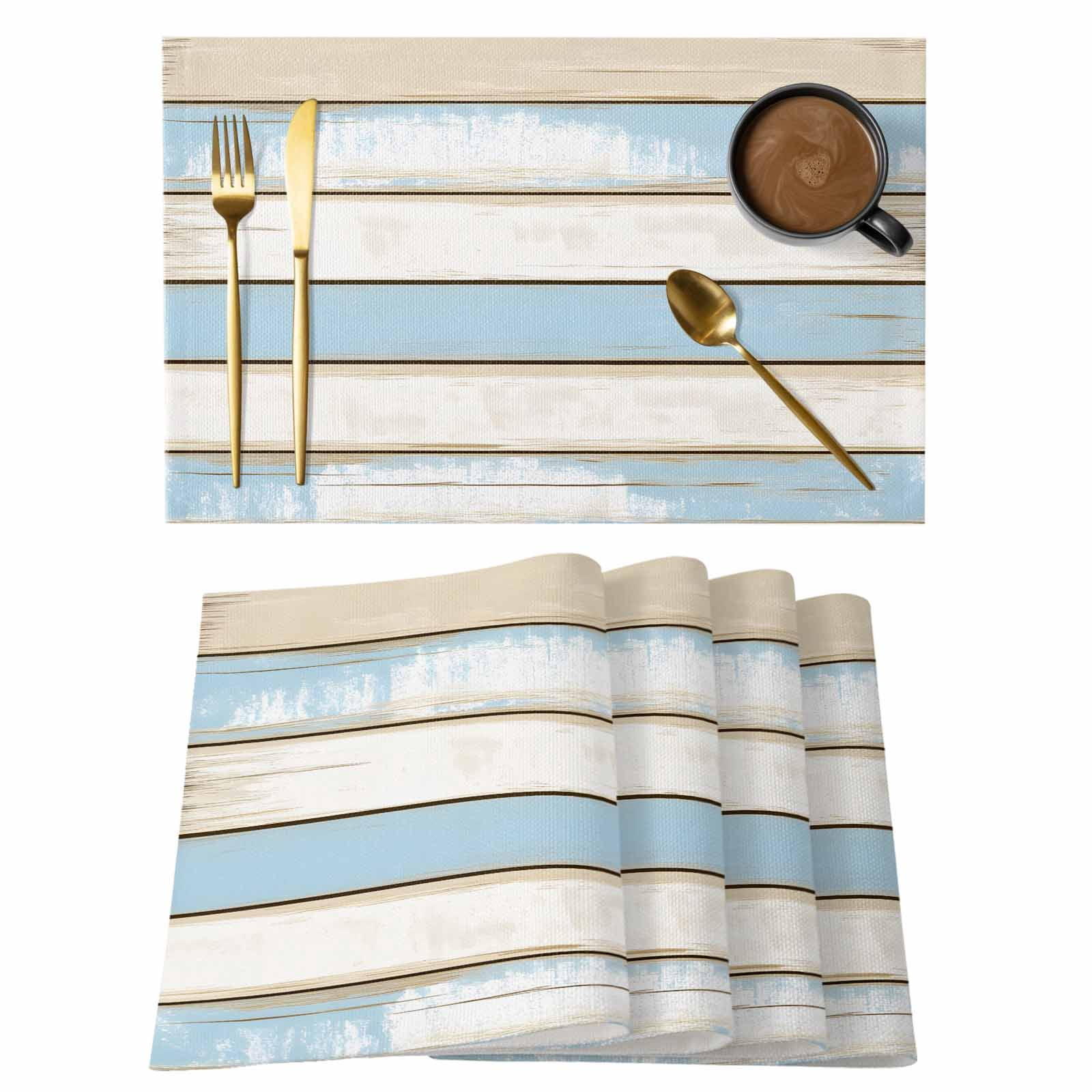 Beige Blue Wood Grain Placemats Set of 12, Vintage Board Non-Slip Place ...