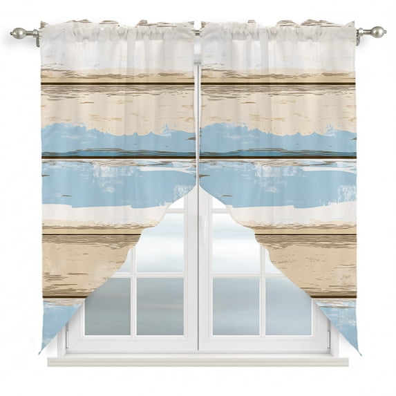Beige Blue Wood Grain Swag Curtain Valance for Window 2 Panels Vintage ...