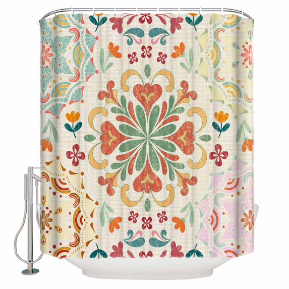 Beige Boho Bathroom Shower Curtains with 12 Hooks Polyester Waterproof ...