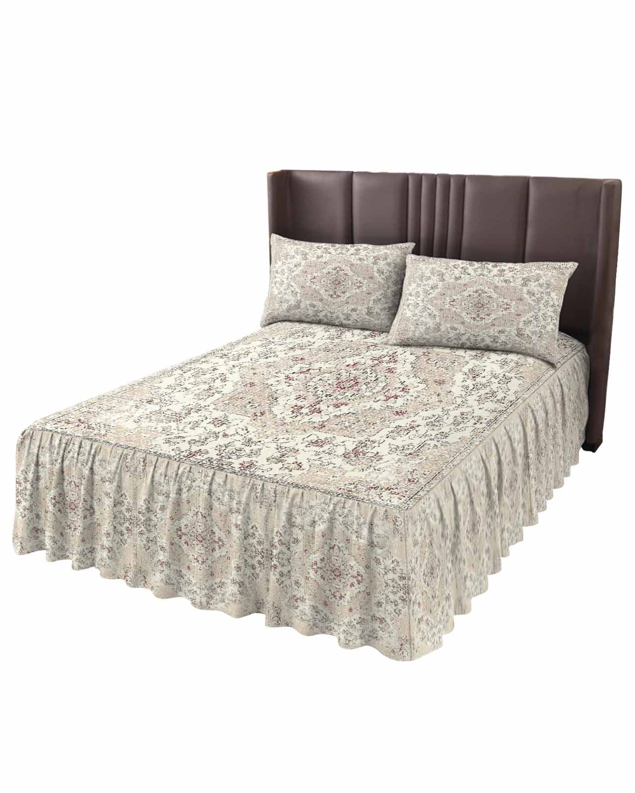 Beige Boho Bed Skirt Twin XL Size 18 Inch Drop, Vintage Ethnic Floral ...