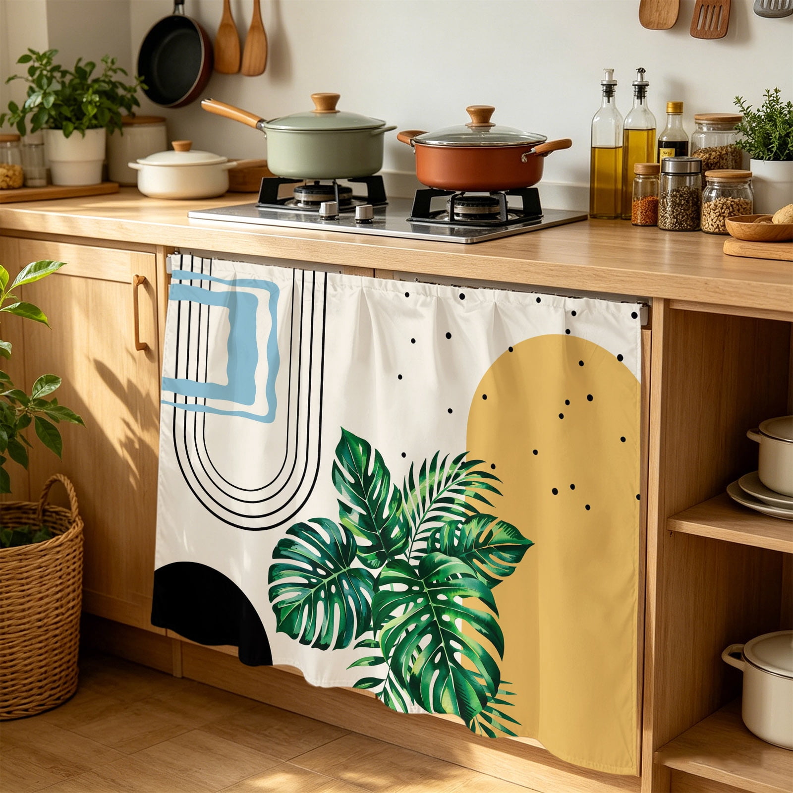 Beige Boho Cabinet Curtains 35"W x 35"L, Tropical Palm Tree Modern ...