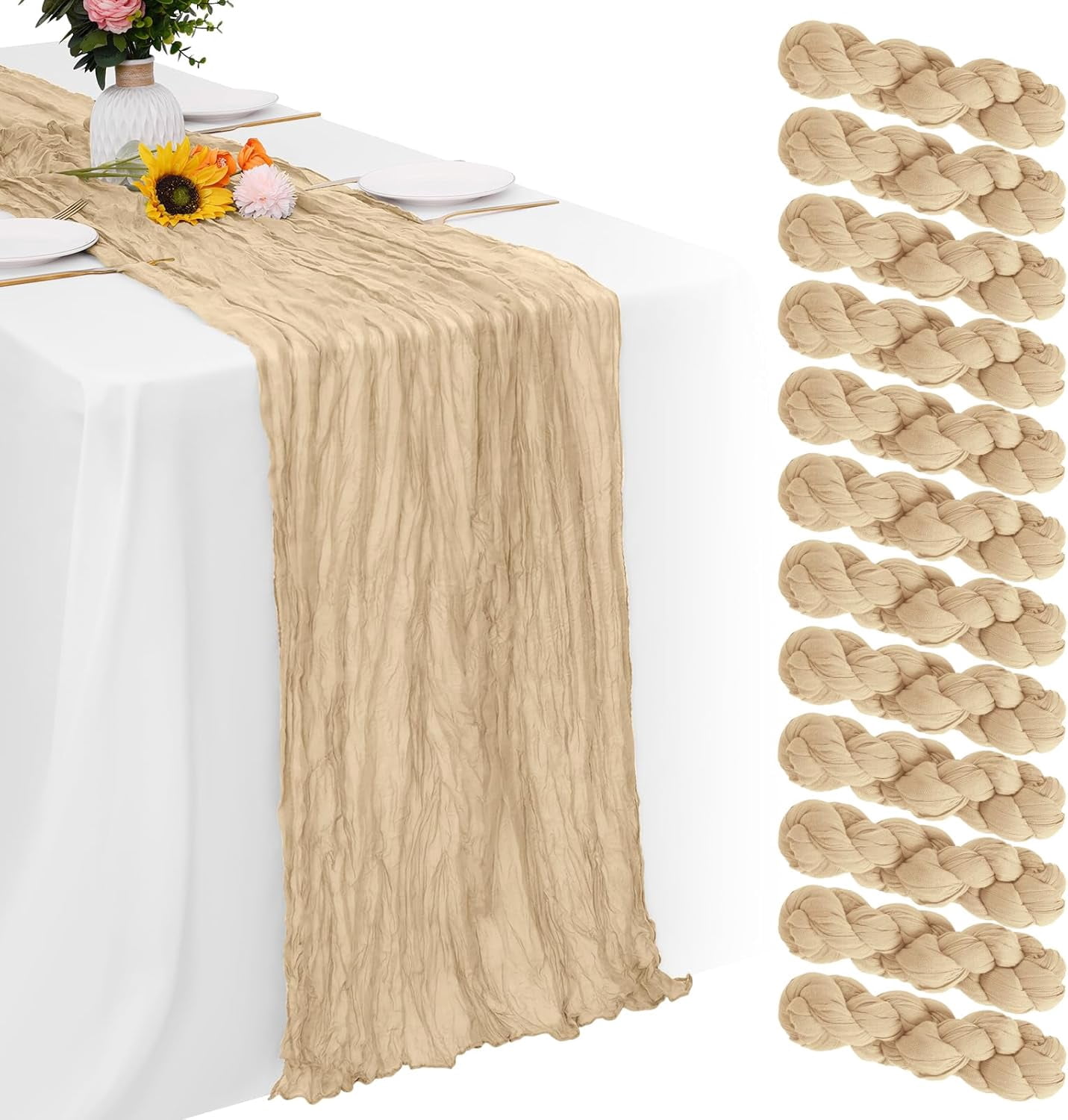 Beige Boho Cheesecloth Semi Sheer Gauze Fabric Table Runner Pack of 12 ...