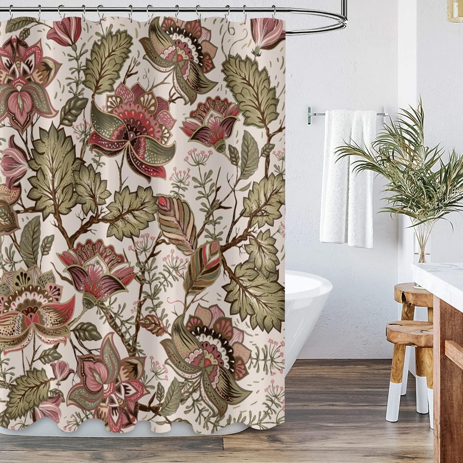 Beige Boho Floral Shower Curtain, Colorful Retro Indian Bohemian ...