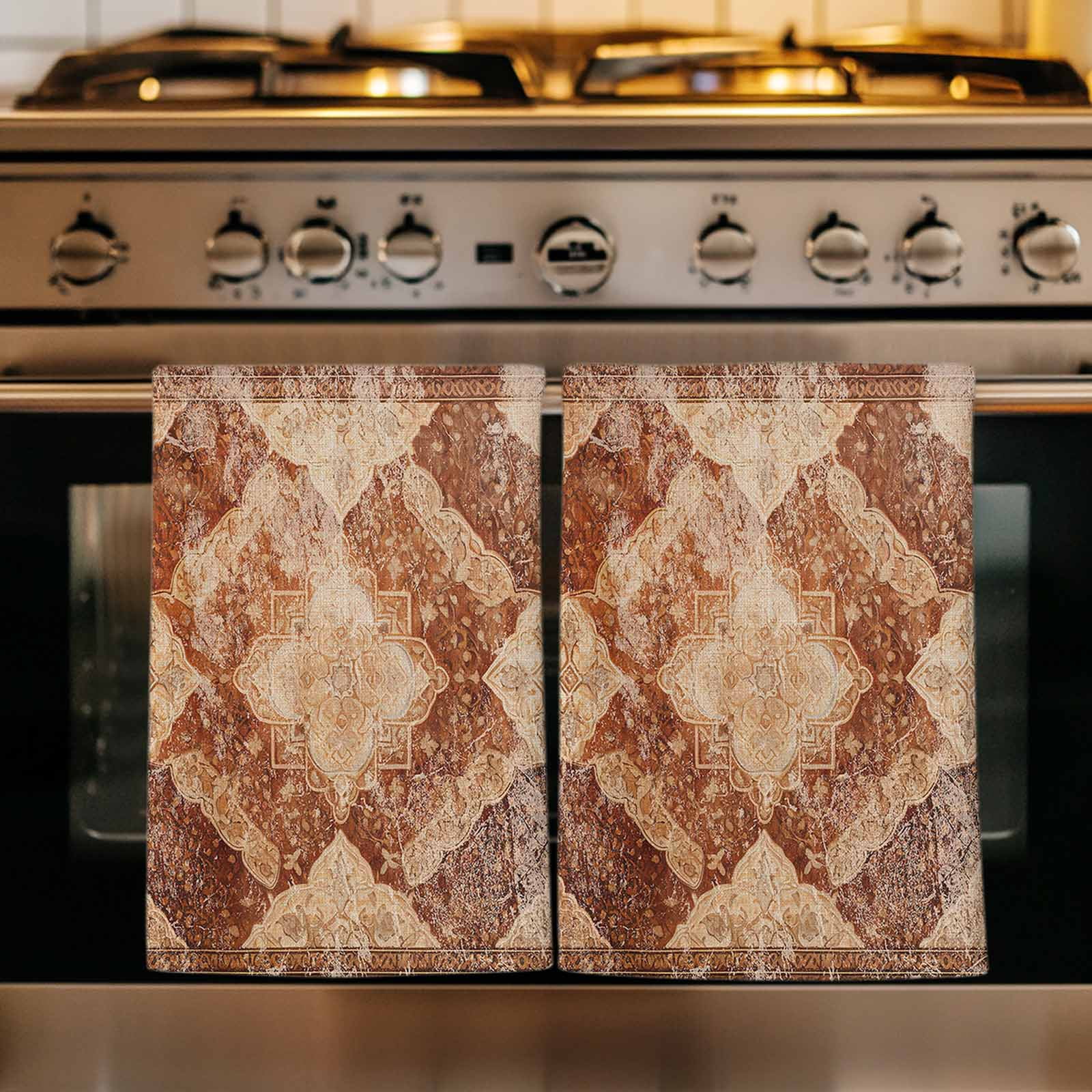 Beige Boho Kitchen Towels Set of 2, Ethnic Modern Geometric Abstract ...
