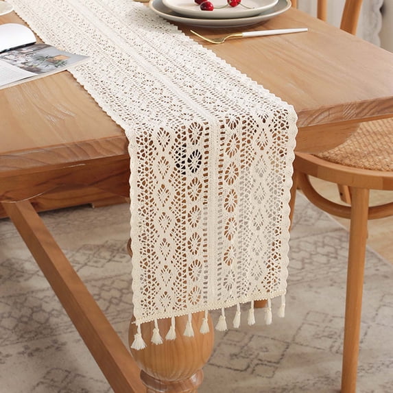 Beige Boho Linen Macrame Table Runner 11.8x70.9in - Woven Tassel Fringe ...