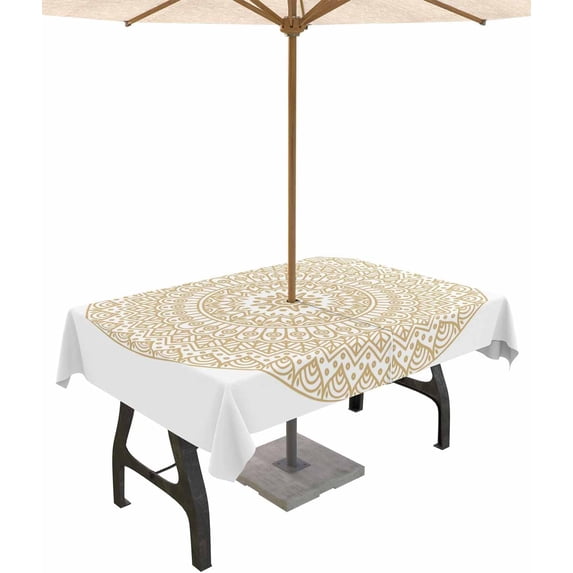 Beige Boho Outdoor Tablecloth with Umbrella Hole Rectangle,Retro ...