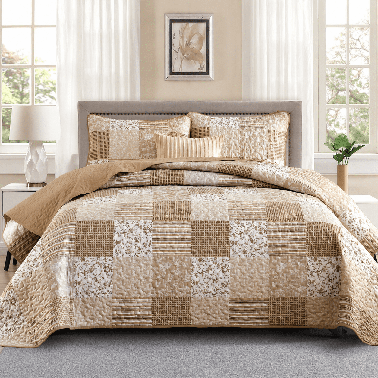 Beige Boho Quilt Set Size Dorm Bedding 2 Pieces Plaid Flbedspread ...