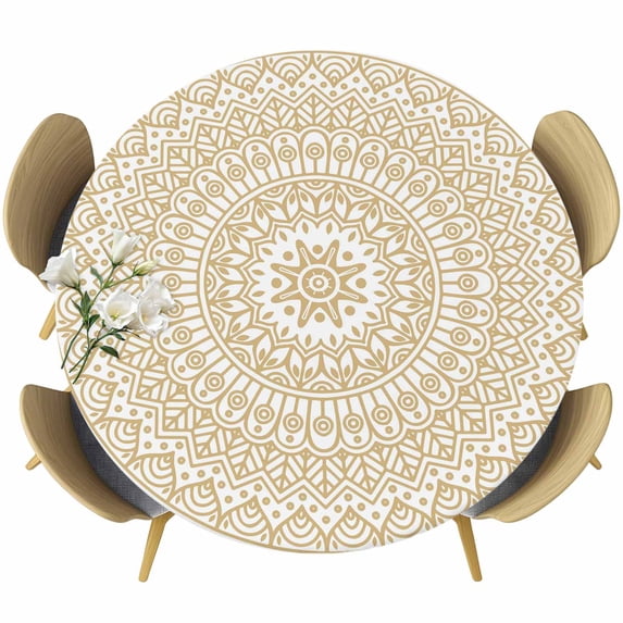 Beige Boho Round Tablecloth, Fitted Table Cover with Elastic for 55"-60 ...