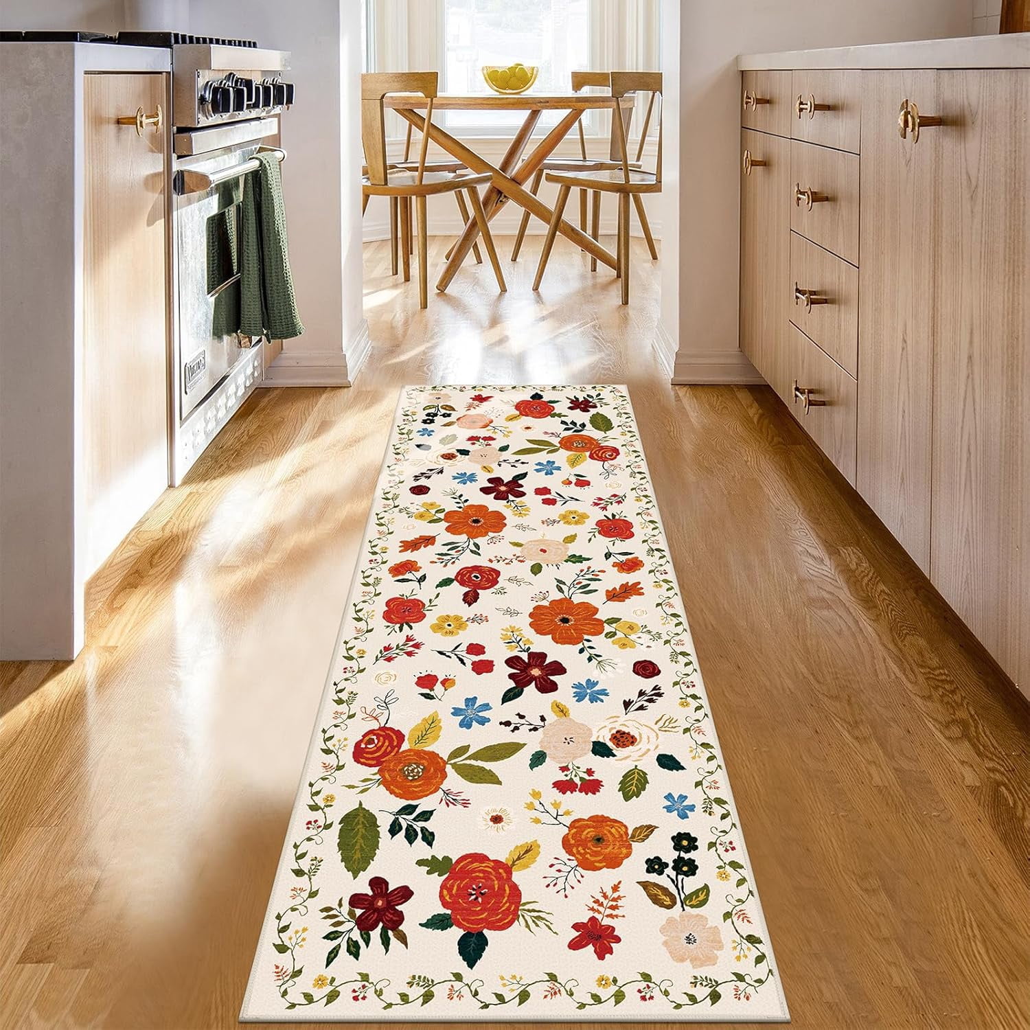 Beige Boho Runner Rug 2'x6' for Hallways Kitchen with Colorful Floral ...
