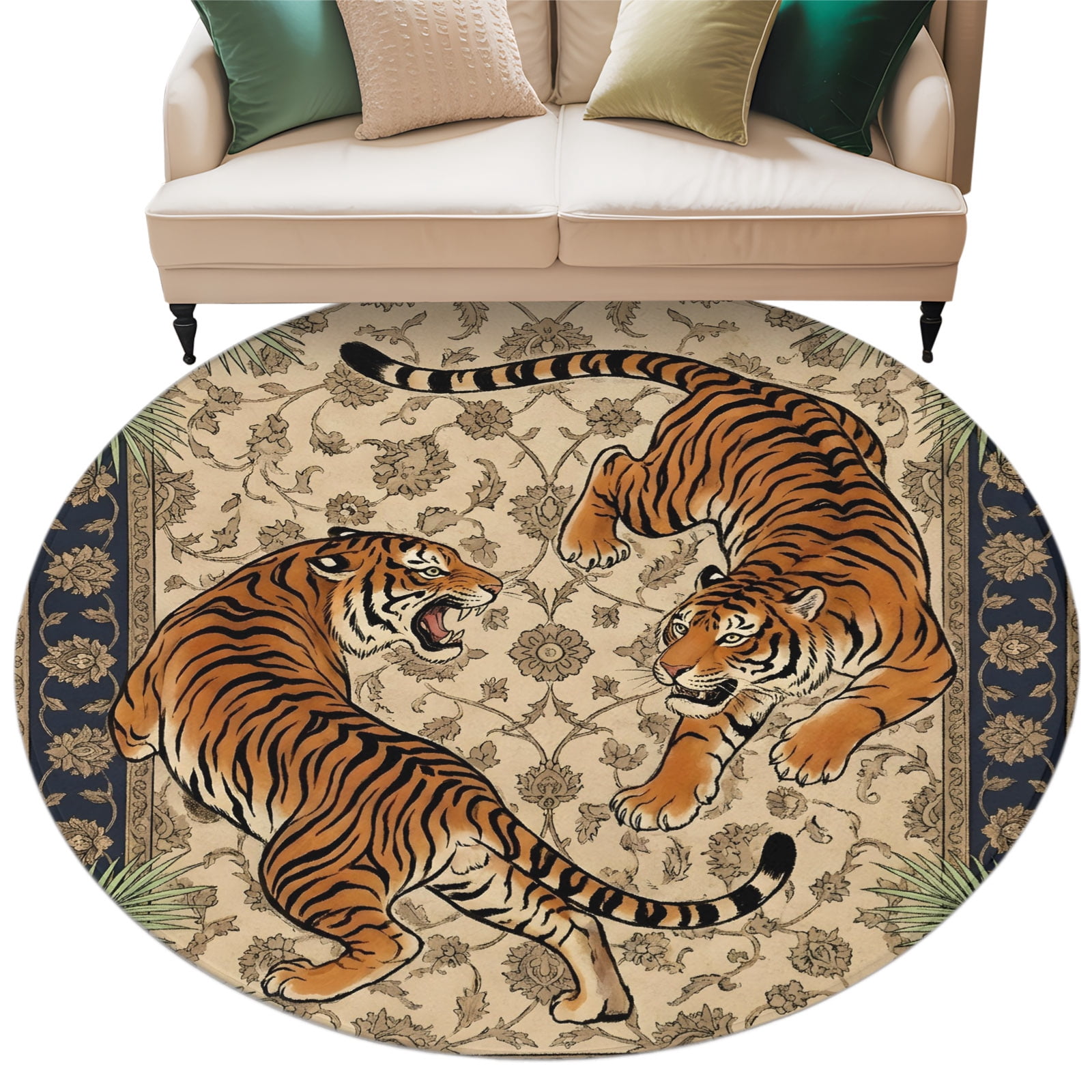 Beige Boho Tiger Round Rug 7ft Washable Circle Rugs Non Slip Palm Leave ...