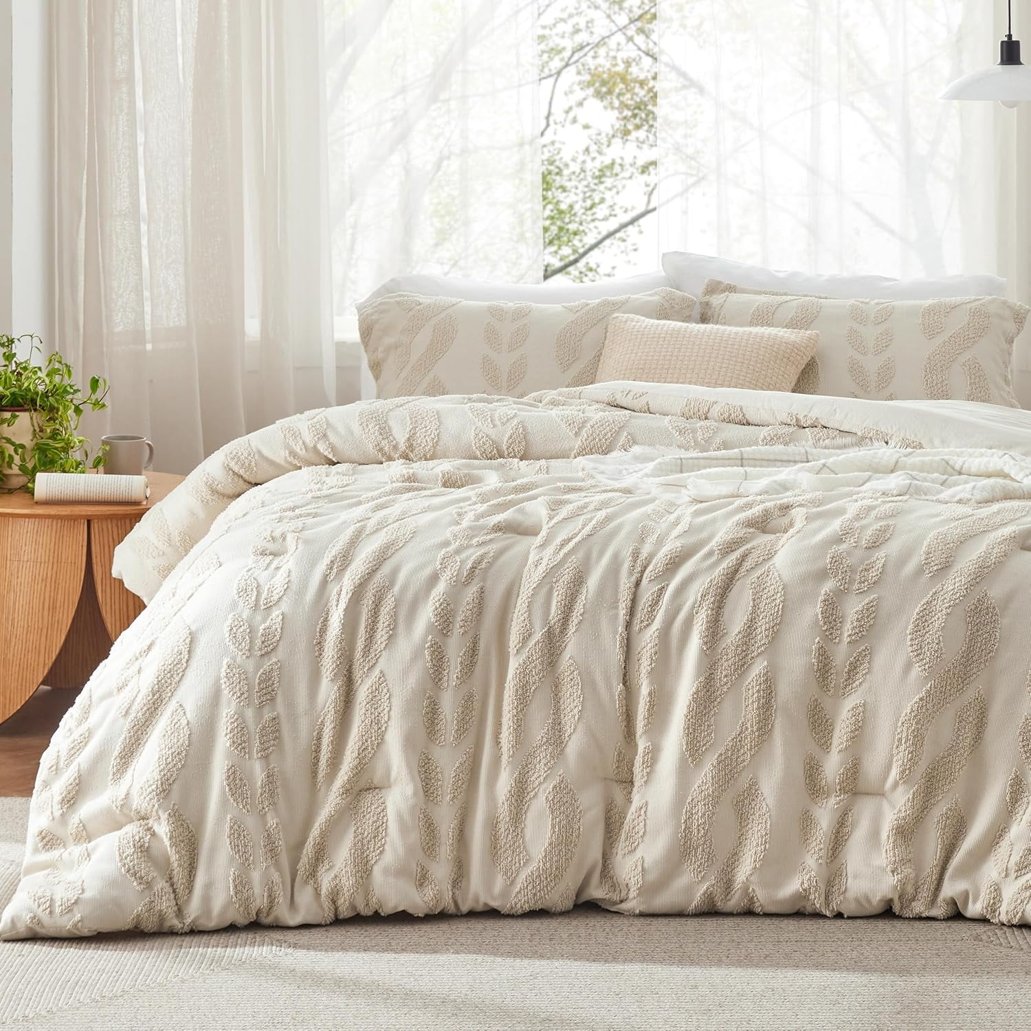 Beige Boho Tufted Bed Set, Twin/Twin XL Size Comforter Set, Farmhouse ...