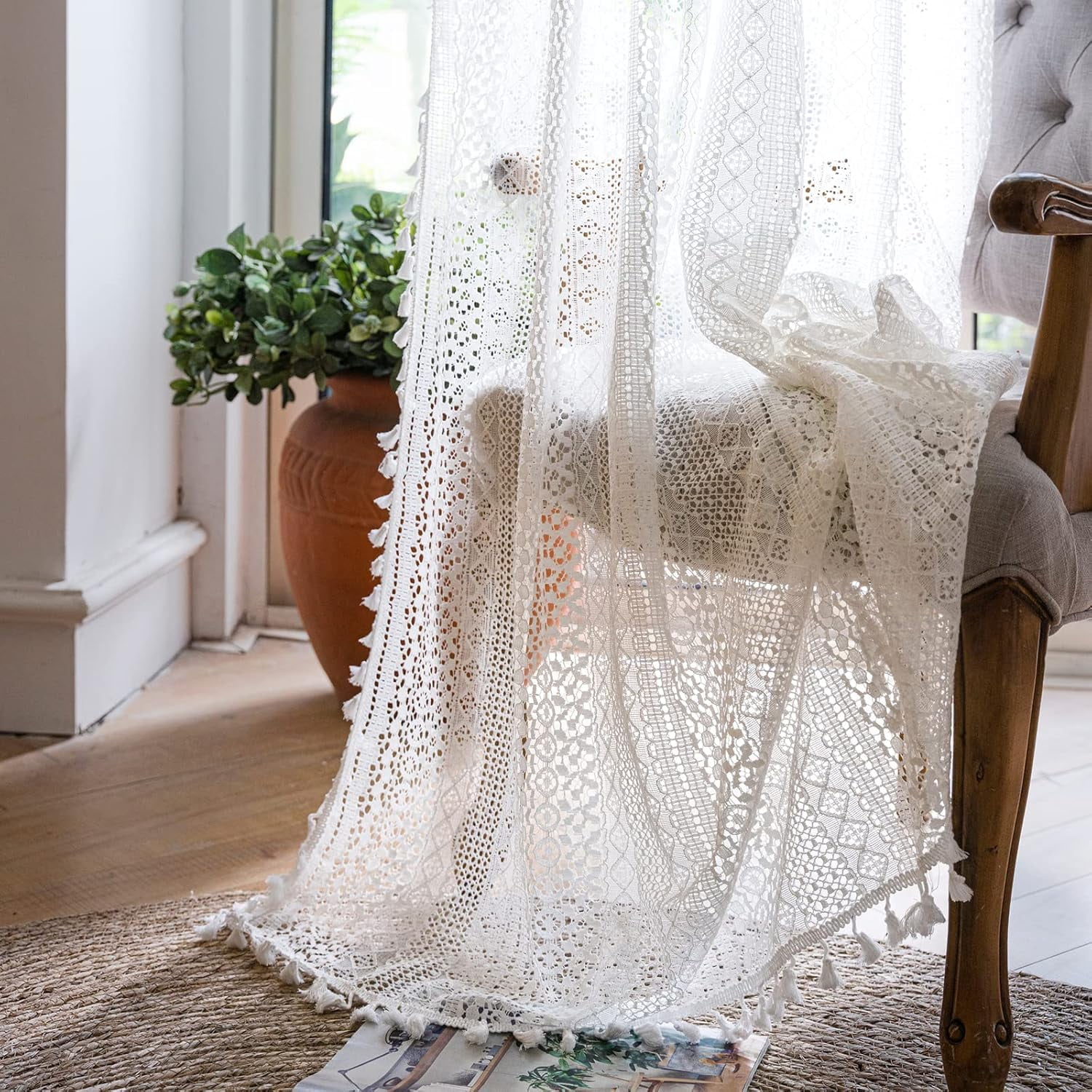 Beige Boho Valances 18 Inch - Cotton Blend Crochet Lace Window Toppers ...