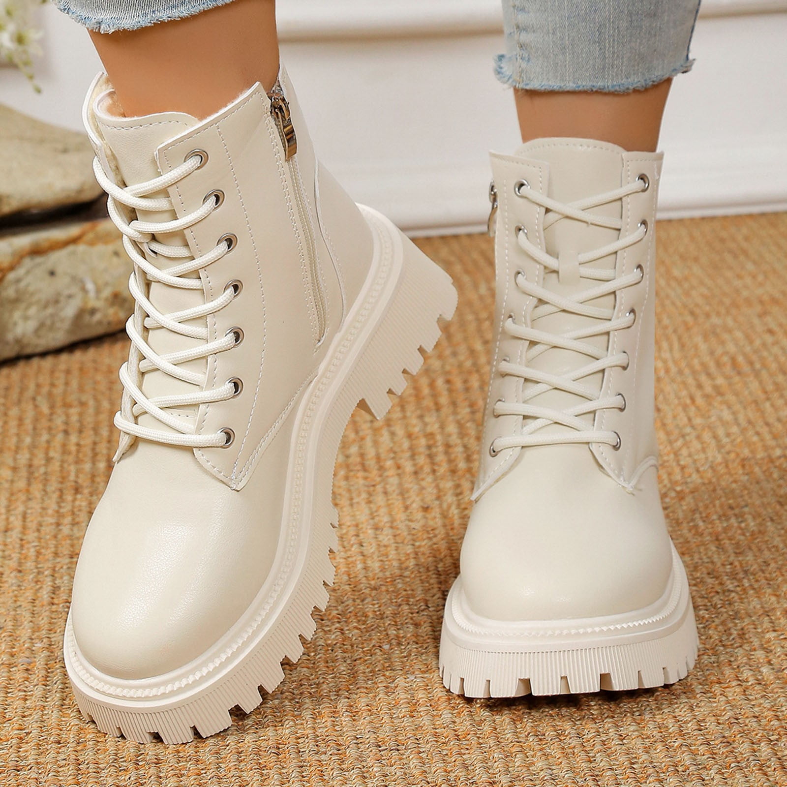 Beige Boots For Women Mid Heel Winter Casual Round Toe Front Lace Up ...