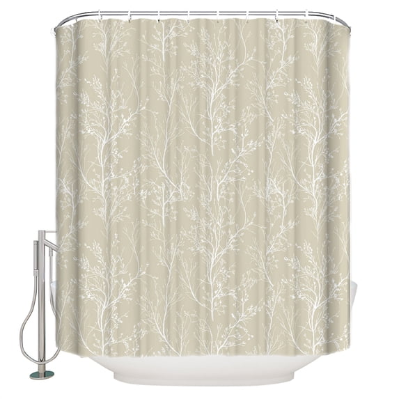 Beige Botanical Bathroom Shower Curtains with 12 Hooks Polyester ...