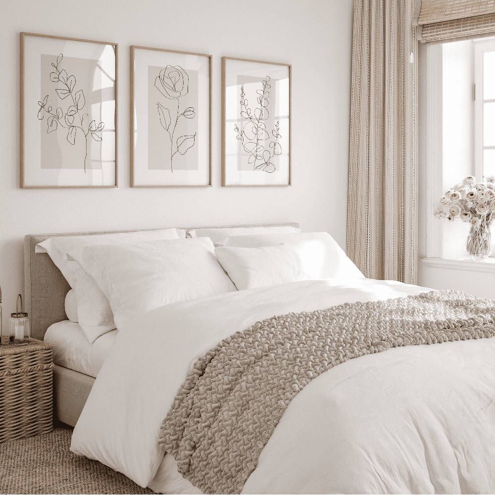 Beige Botanical Line Art Minimalist Bedroom Living Room Poster Prints ...