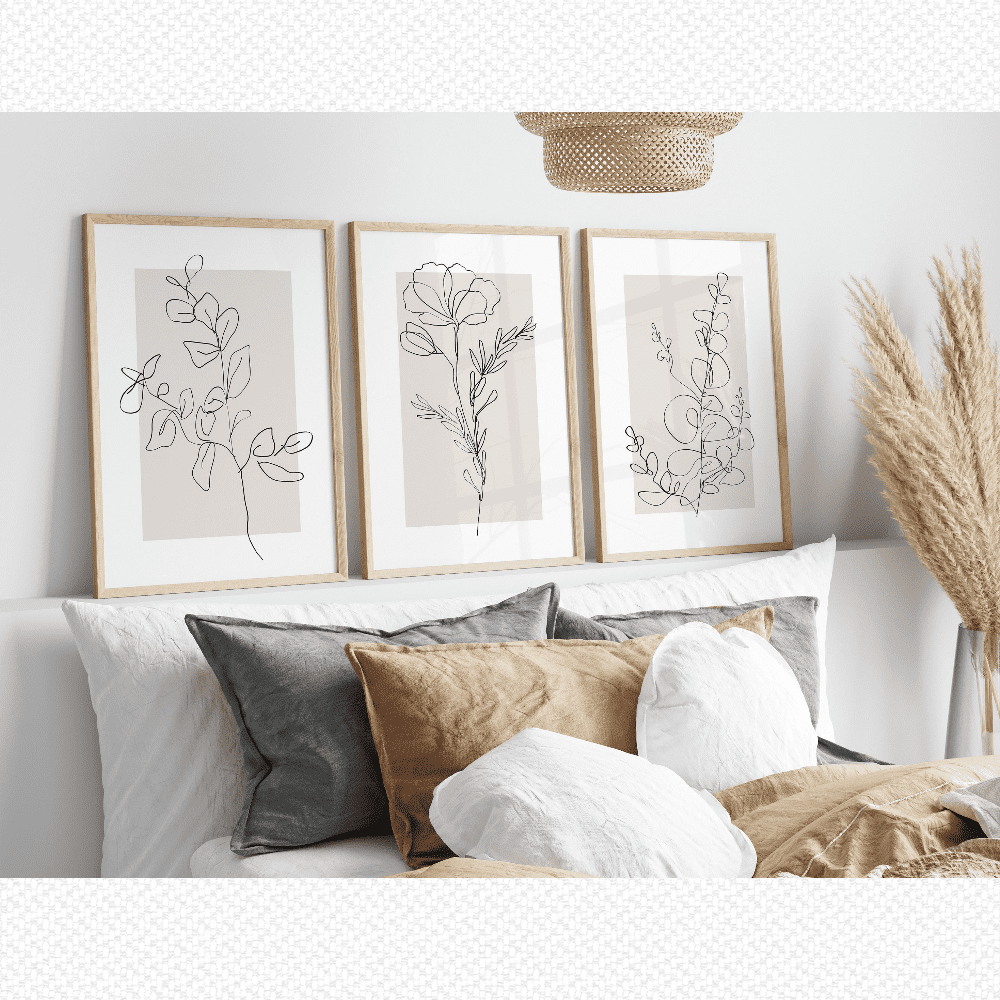 Beige Botanical Line Art Minimalist Bedroom Living Room Poster Prints ...