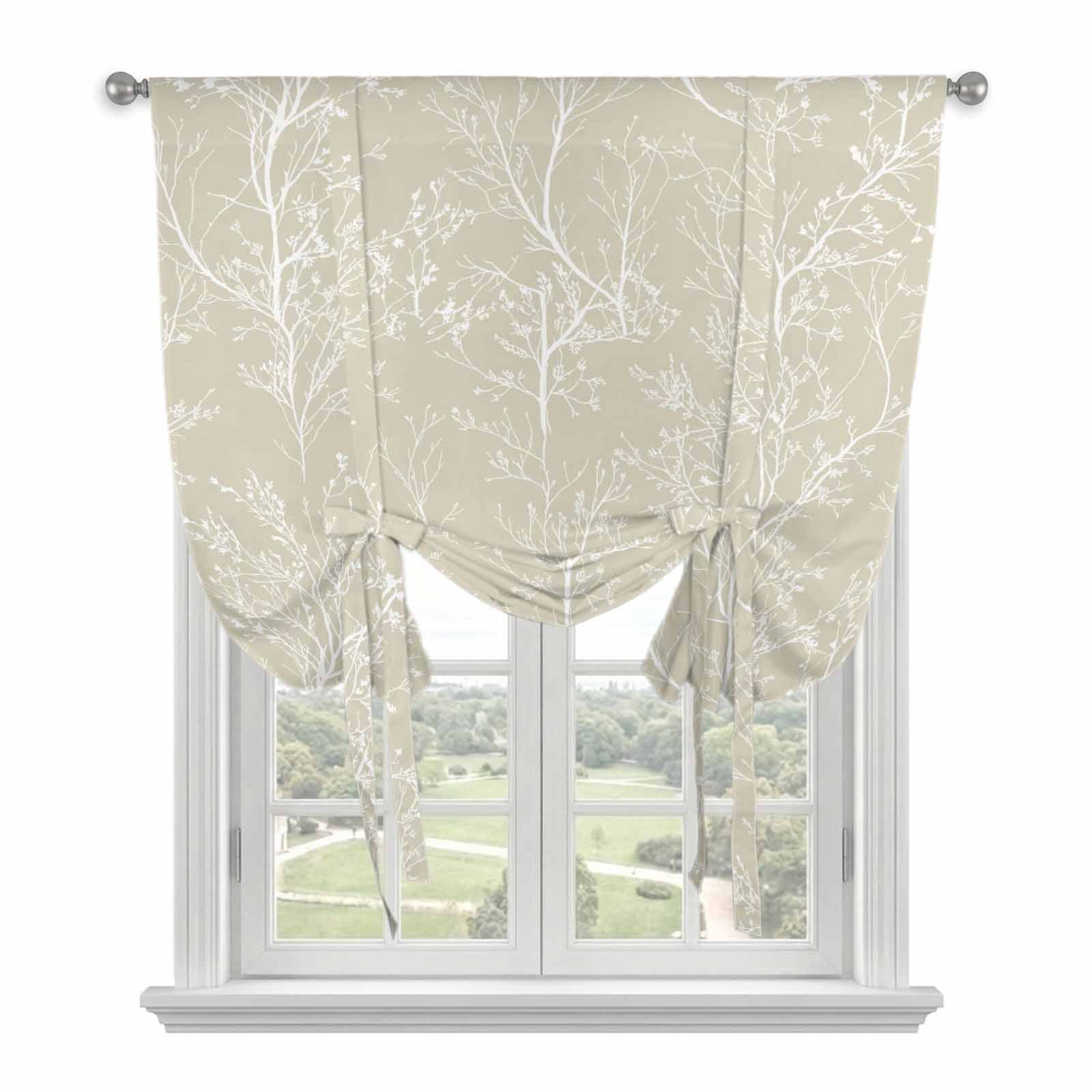 Beige Botanical Tie Up Curtains for Window, Thermal Insulated Balloon ...
