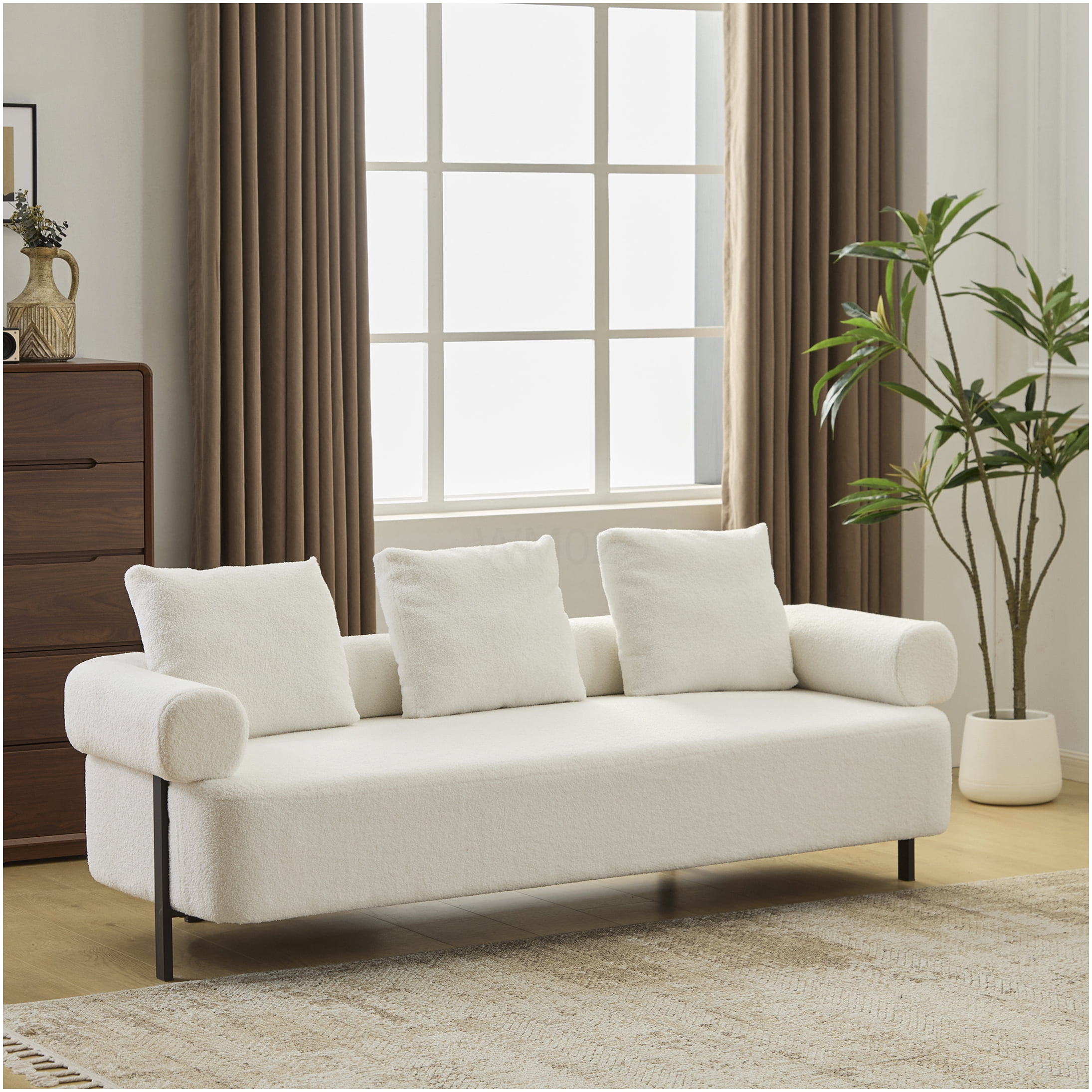 Beige Boucle Fabric Sofa 78" 3-Seater Couch with Plush Pillows for ...