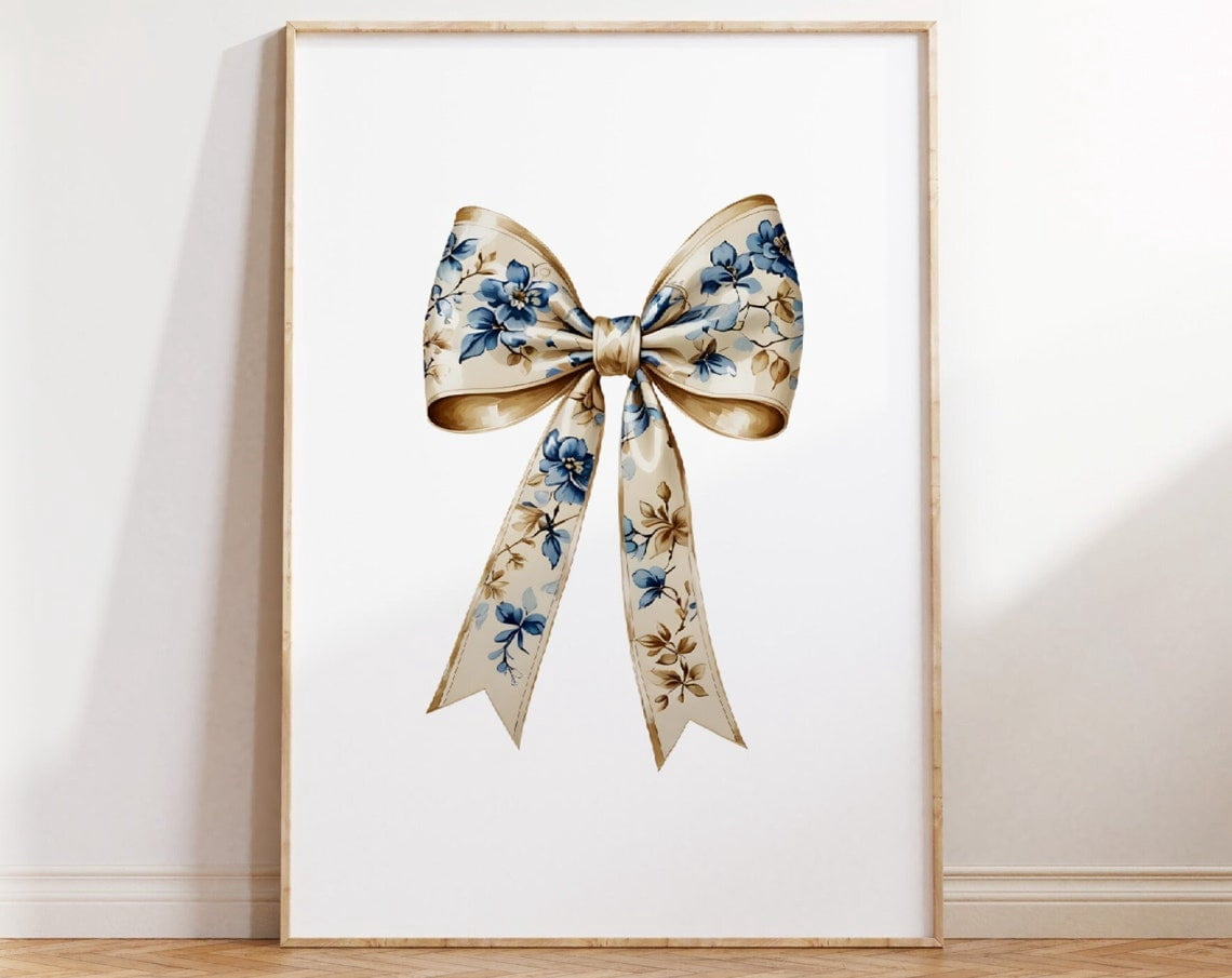 Beige Bow Print Blue Chinoiserie Nursery Print Coquette Room Decor ...