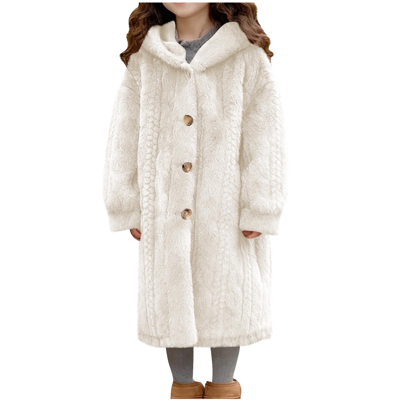 Beige Boy Girl Warm Thick Fuzzy Hooded Plain Padded Trench for Kids ...