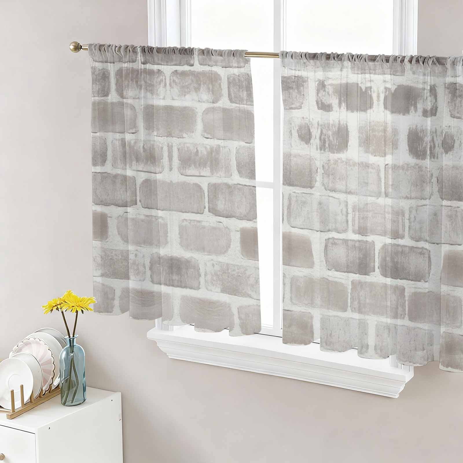 Beige Brick Wall Sheer Curtains 45 Inch Length 2 Panels Set, Retro ...