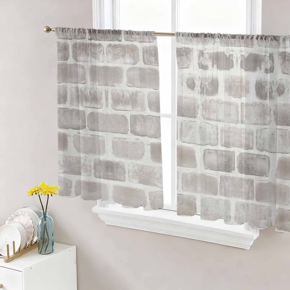 Beige Brick Wall Sheer Curtains 45 Inch Length 2 Panels Set, Retro ...