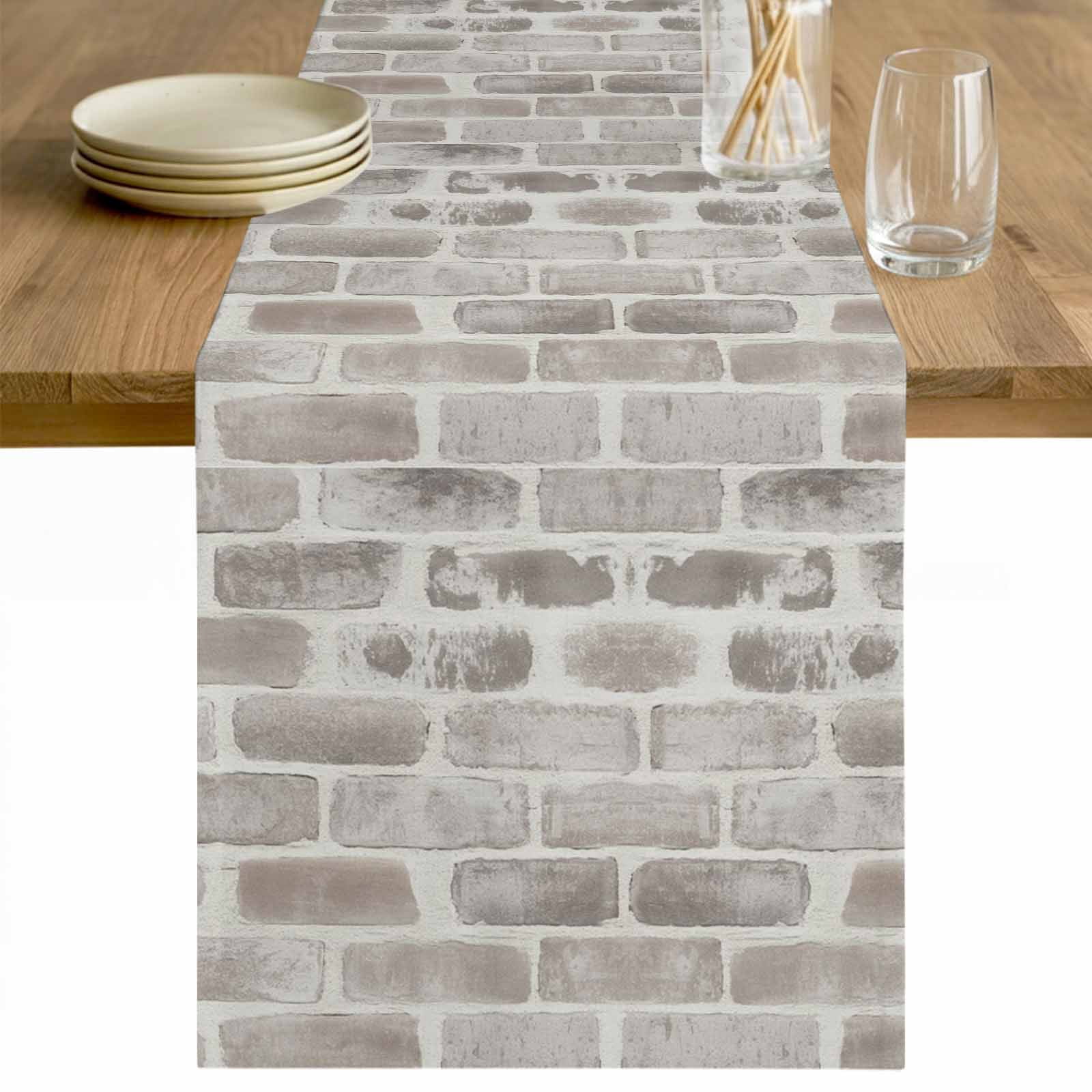 Beige Brick Wall Table Runner - 90 Inch Long Retro Country Stone Rocks ...