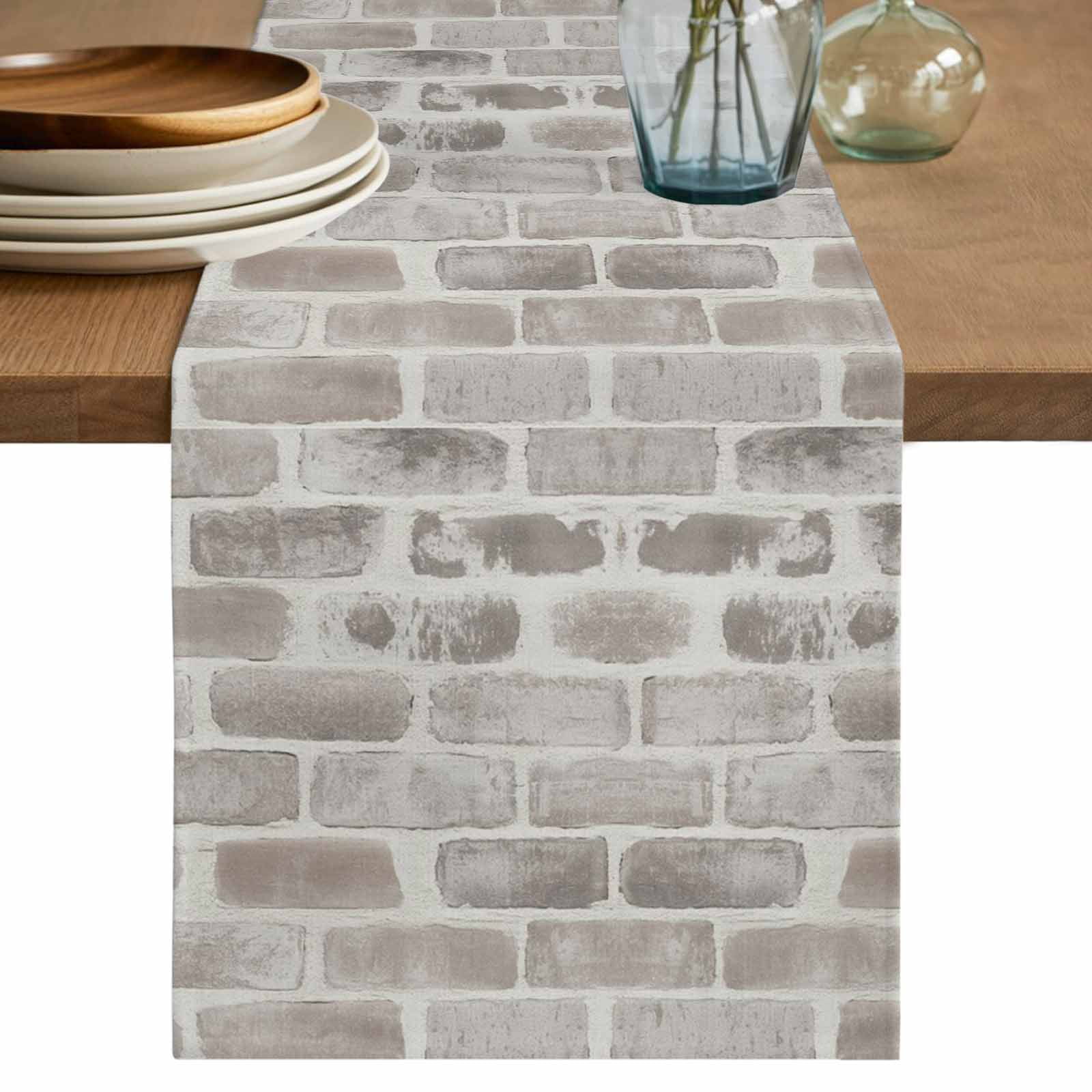 Beige Brick Wall Table Runner, Retro Country Stone Rocks Geometric ...
