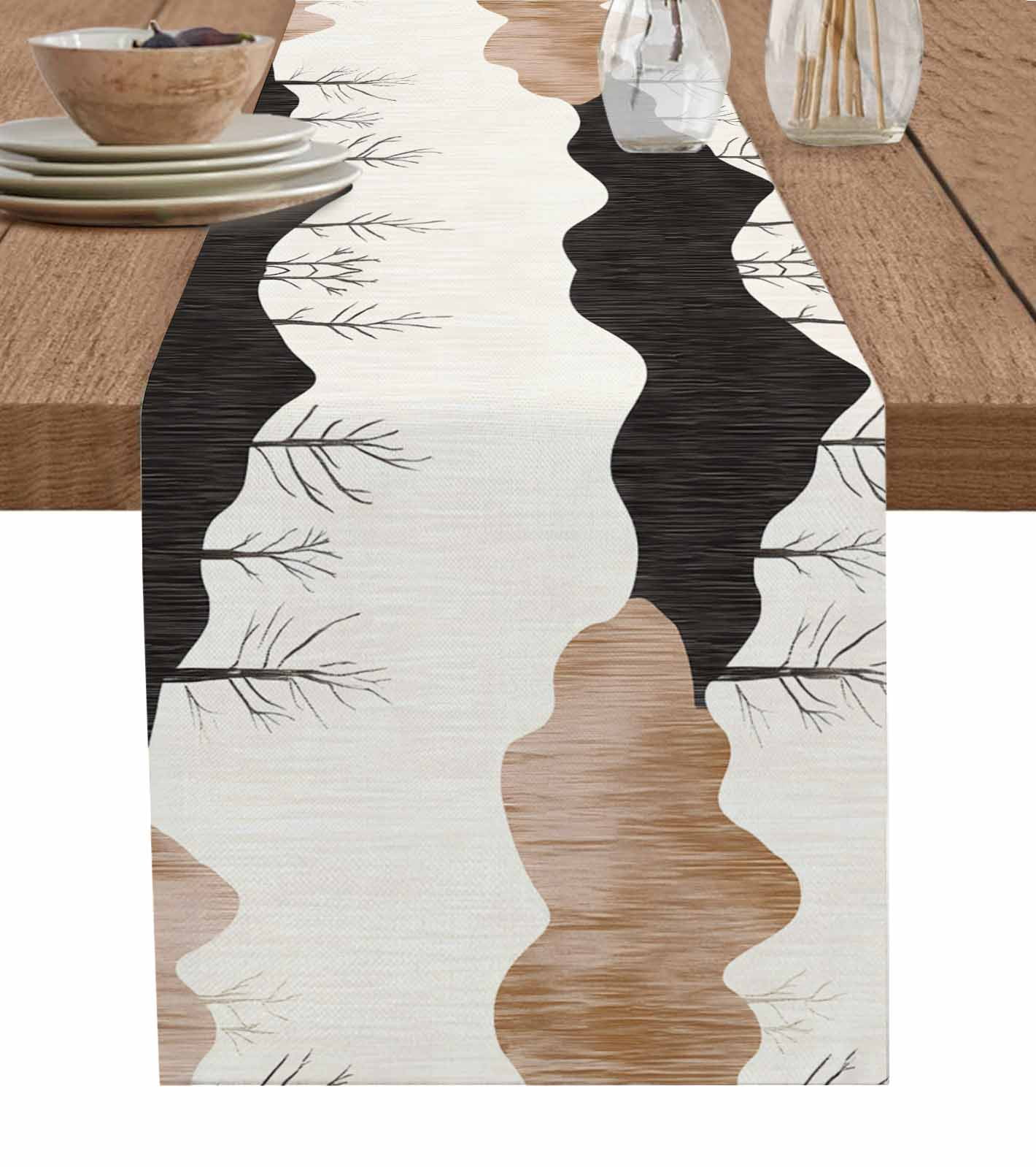 Beige Brown Abstract Table Runner 72 Inches, Modern Vintage Bare Trees ...