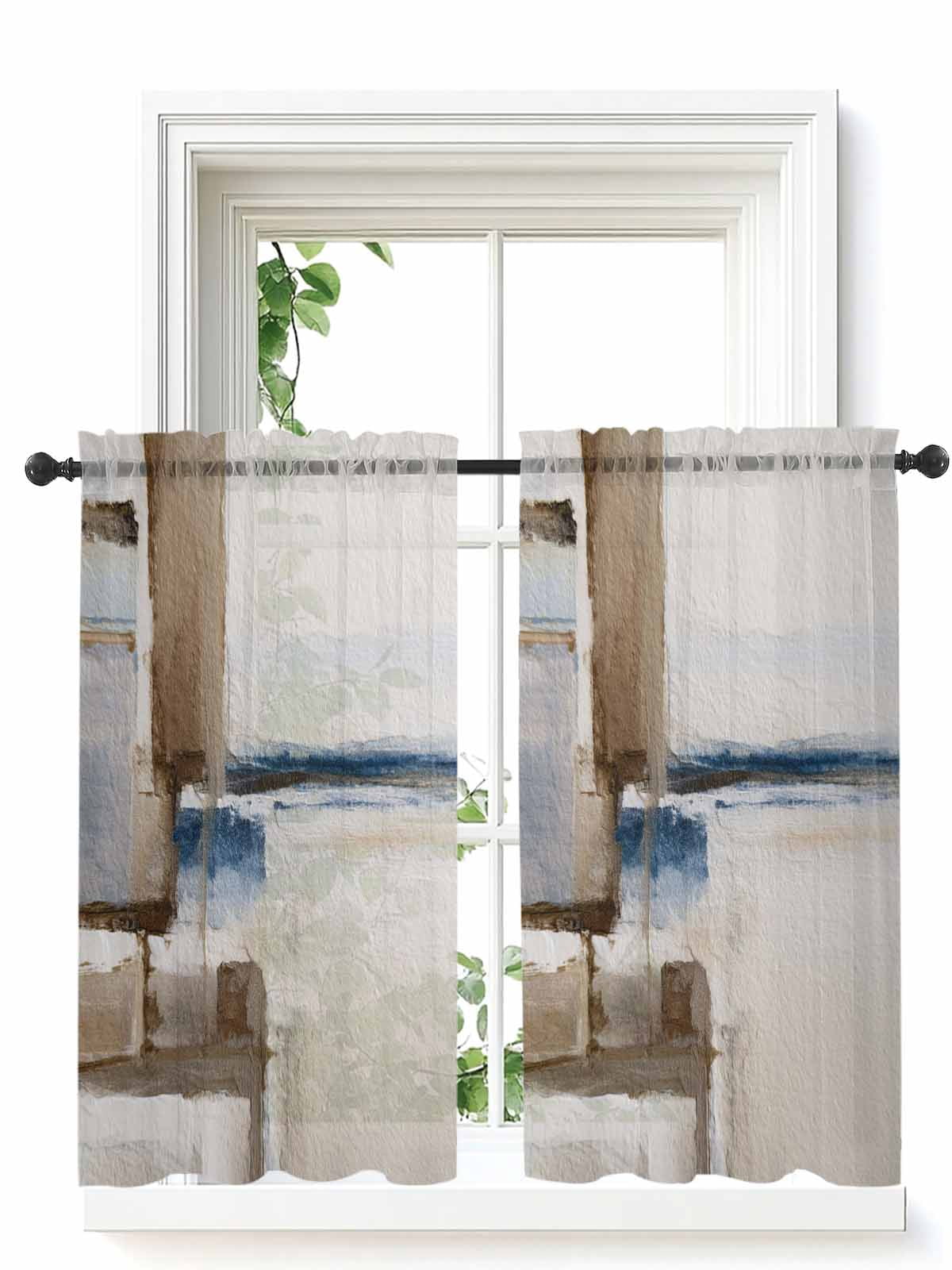 Beige Brown Blue Curtains 54 Inch Length, Sheer Curtains for Bedroom ...