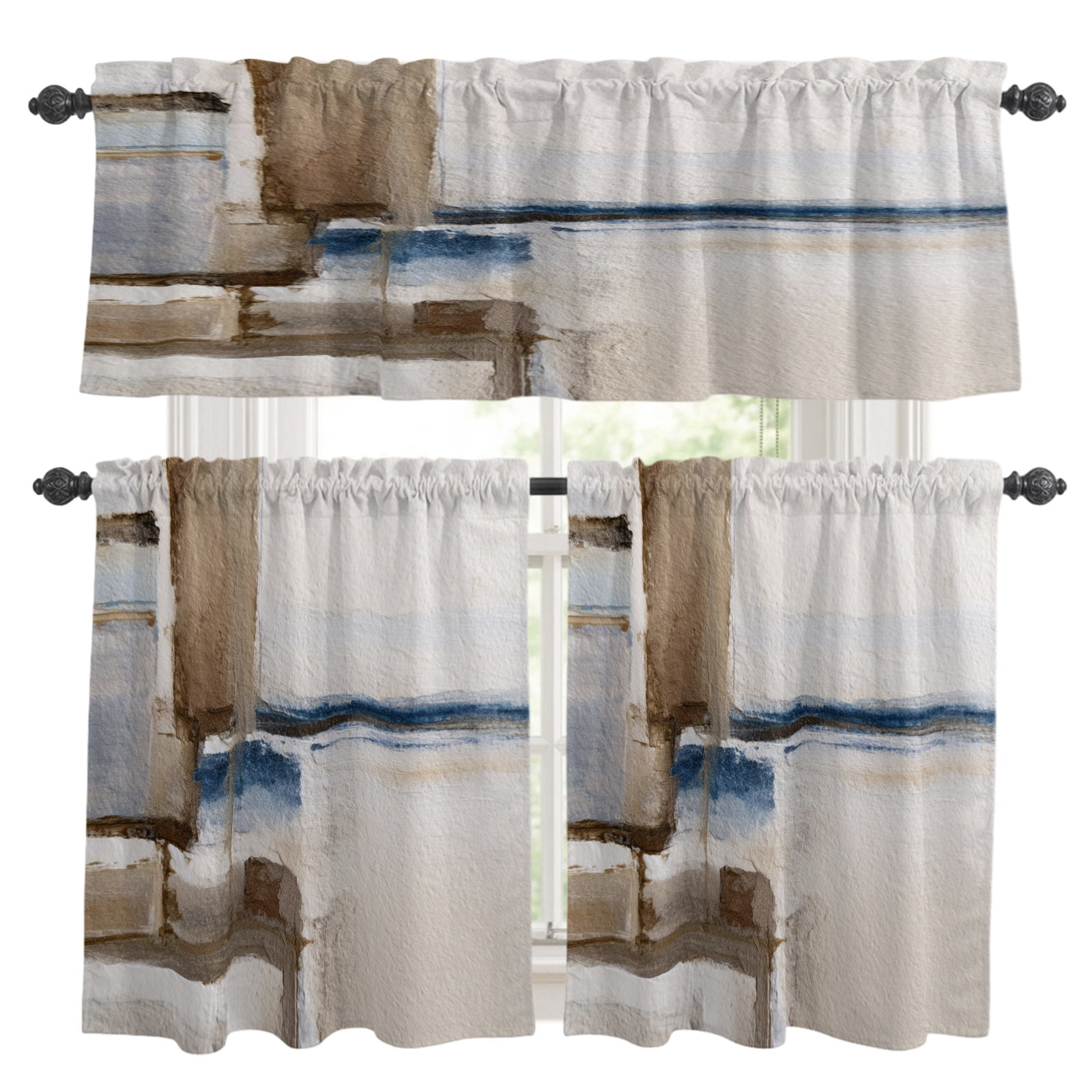 Beige Brown Blue Kitchen Curtains, Kitchen Curtains and Valances Set of ...