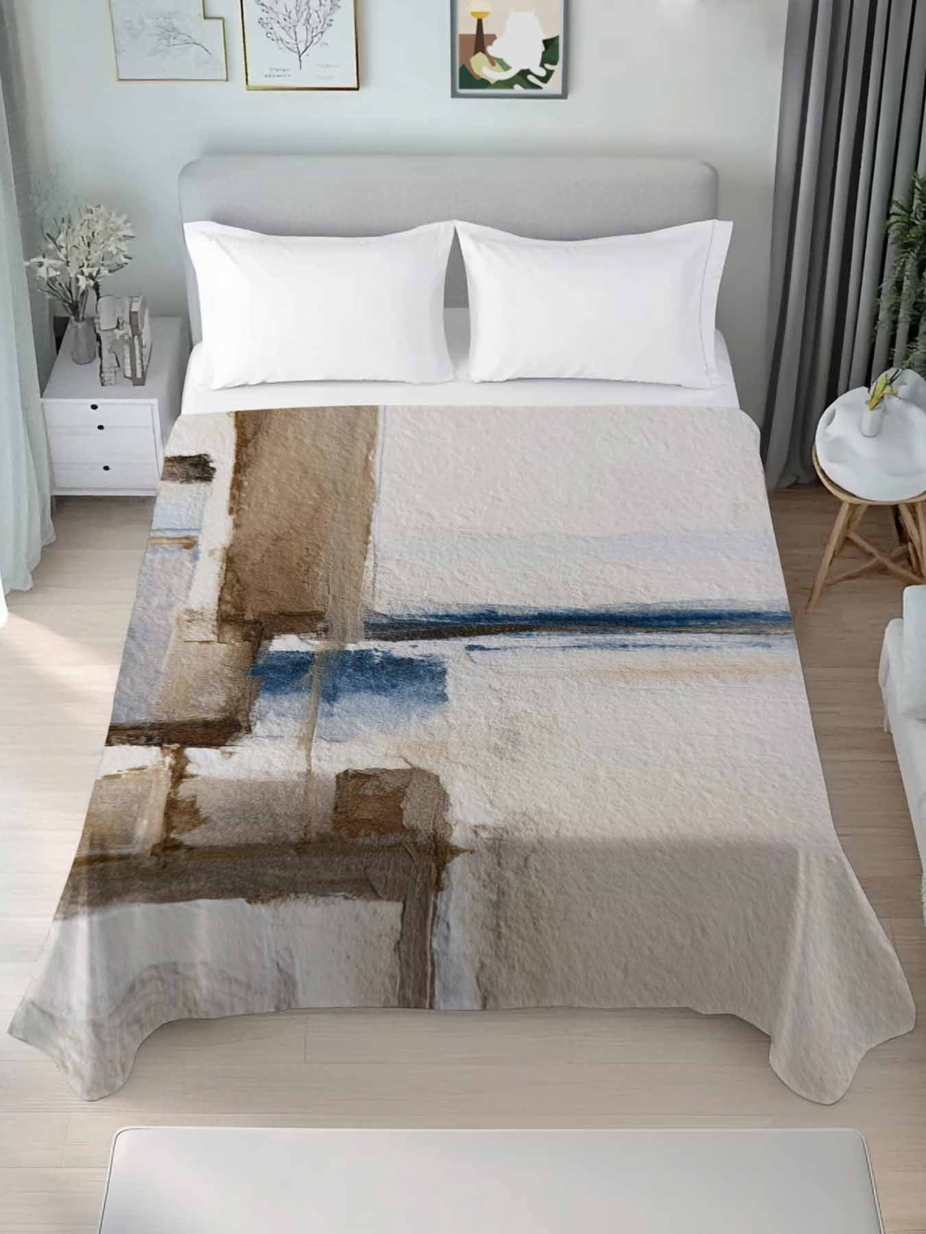 Beige Brown Blue Queen Size Flat Sheet, Wrinkleproof & Fadeproof ...