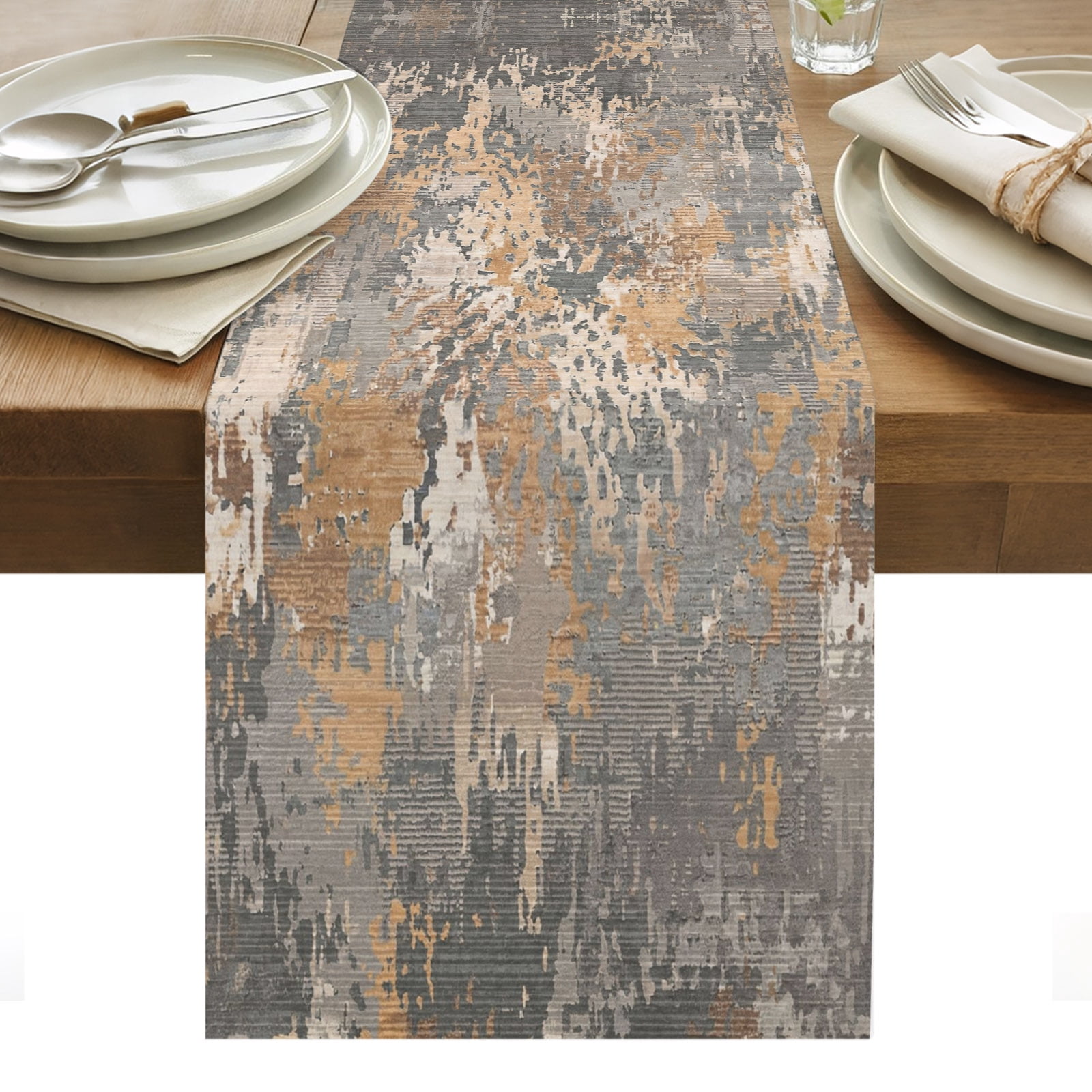 Beige Brown Copper Rust Cotton Linen Table Runner Abstract Vintage ...