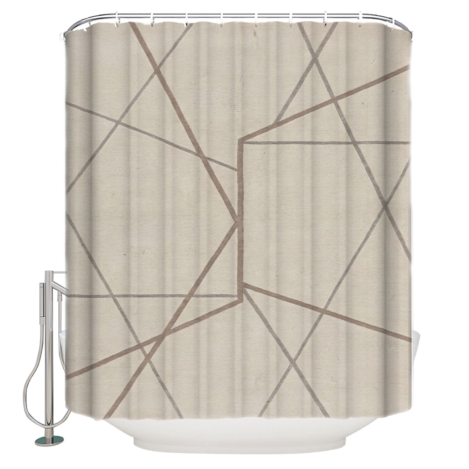 Beige Brown Geometric Bathroom Shower Curtains with 12 Hooks Polyester ...