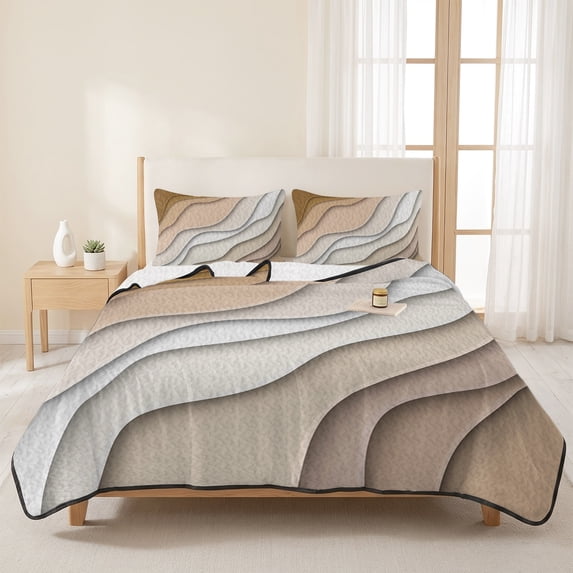 Beige Brown Gradient Wave Ripple 3 Pieces Quilt Set,1 Quilt with 2 ...