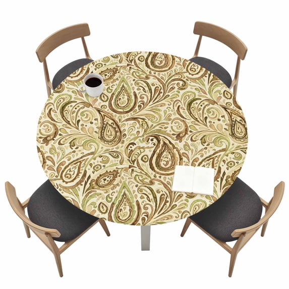 Beige Brown Green Fitted Tablecloth with Elastic Edged, Round Table ...
