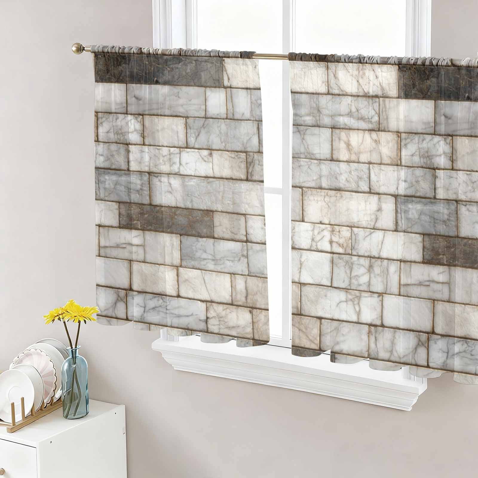 Beige Brown Marble Sheer Curtains 45 Inch Length 2 Panels Set, Simple ...