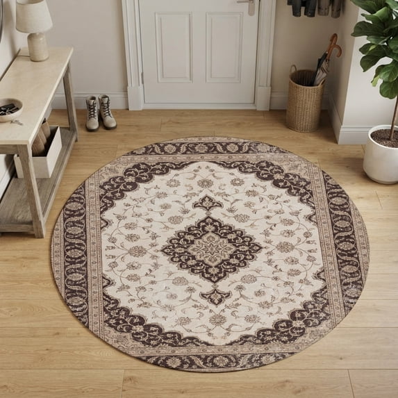 Beige Brown Retro Boho Round Area Rug 3Ft Small Circle Rugs for Kitchen ...