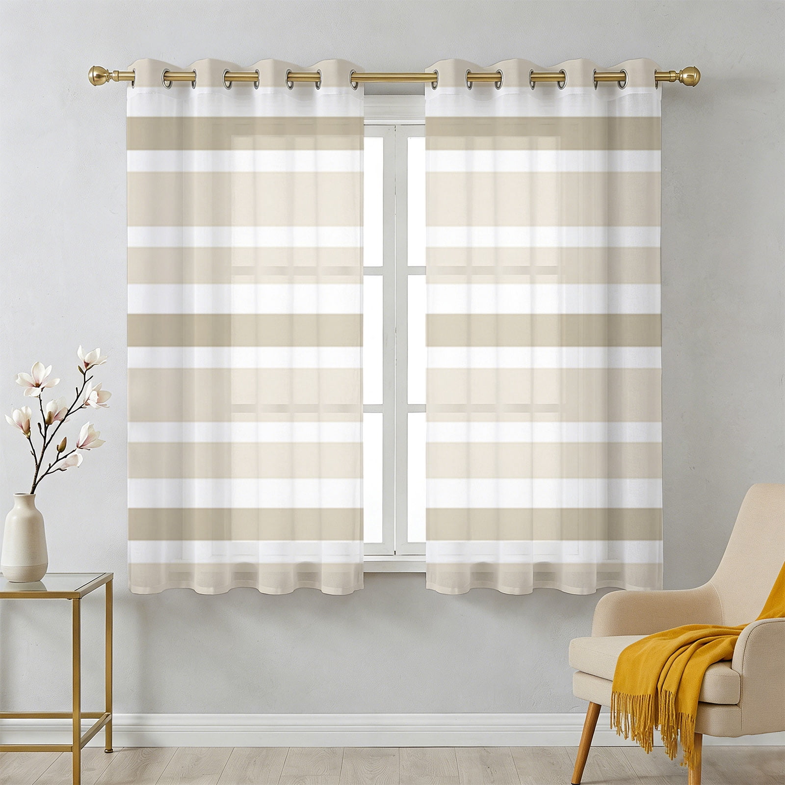 Beige Brown Sheer Curtains 54 Inch Long 2 Panels, White Stripe Light ...