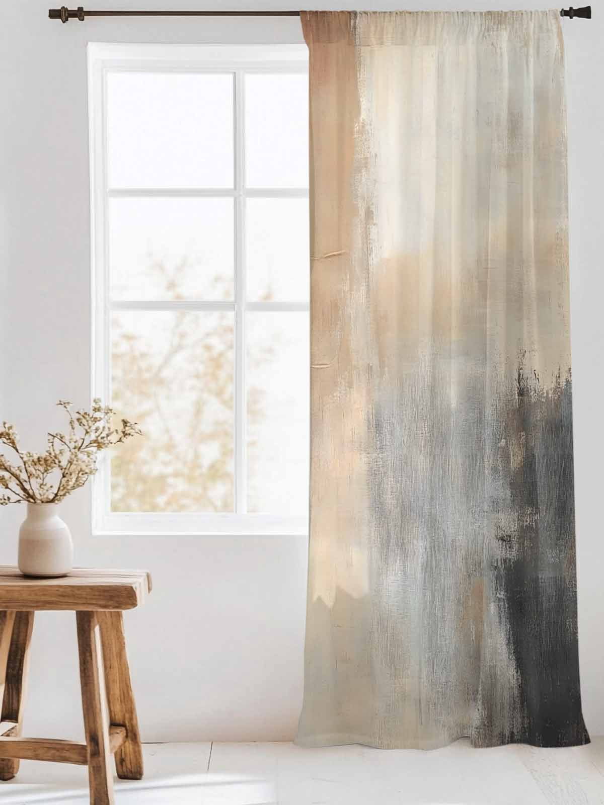 Beige Brown Sheer Curtains 96 Inch Long 1 Panel Geometric Abstract Art ...