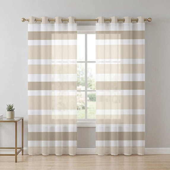 Beige Brown Sheer Curtains 96 Inch Long 2 Panels, White Stripe Light ...