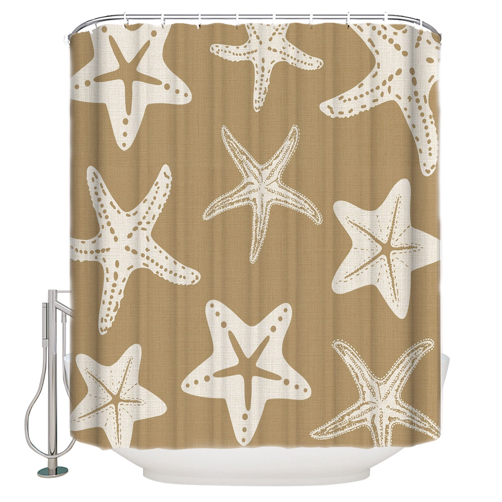 Beige Brown Starfish Coastal Bathroom Shower Curtains with 12 Hooks ...