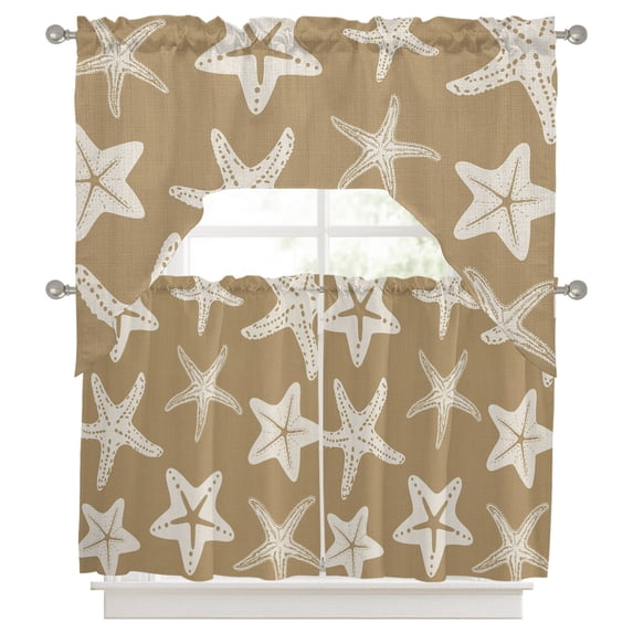 Beige Brown Starfish Coastal Kitchen Curtains Swag Valance and Tier ...