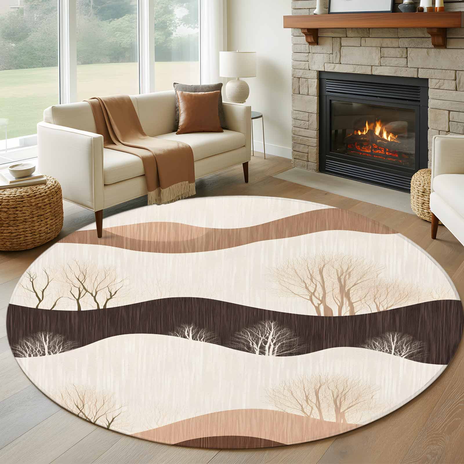 Beige Brown Stripe Round Rug 5ft Washable Circle Kitchen Rugs Non Slip ...