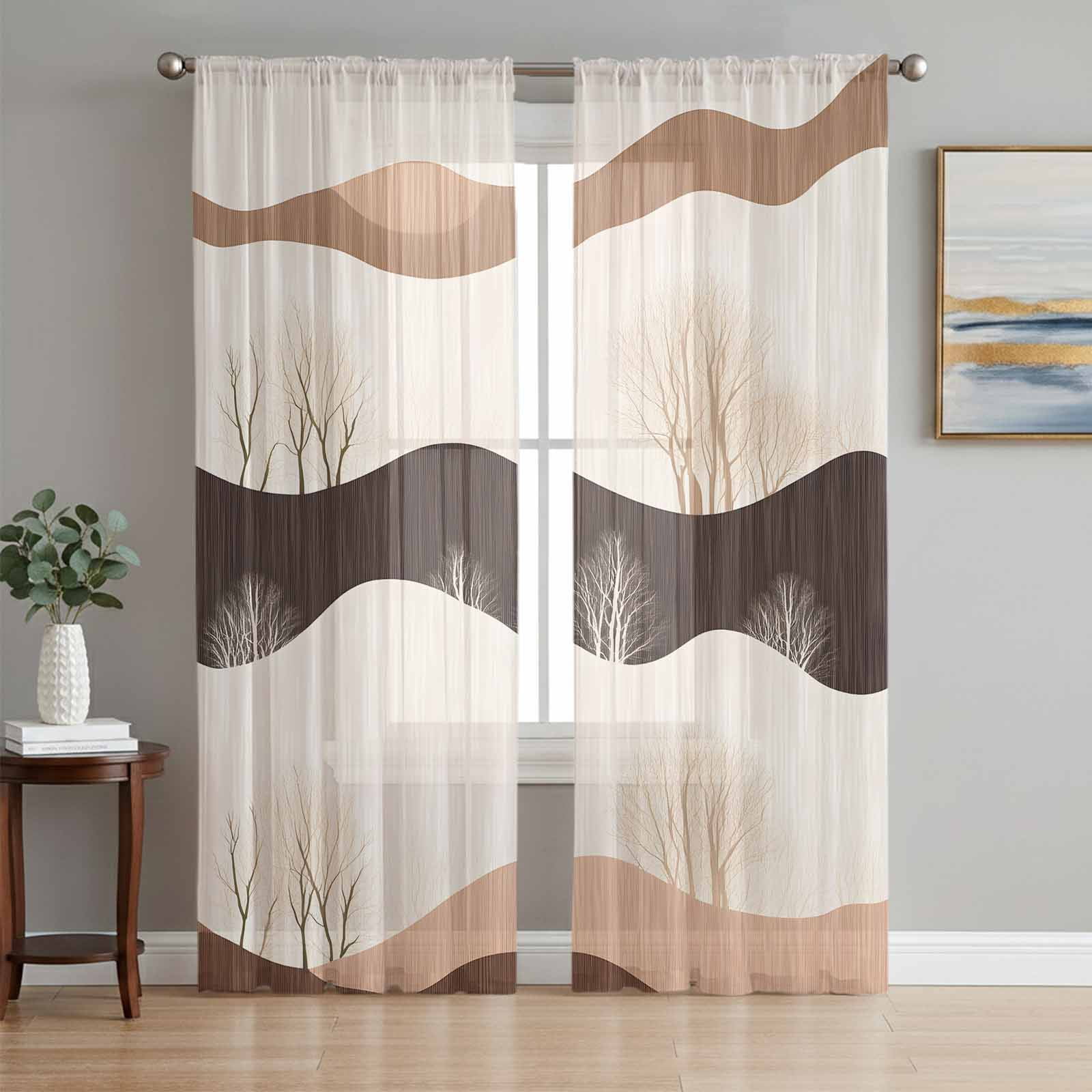 Beige Brown Stripe Sheer Curtains 63 Inch Length 2 Panels Set, Modern ...