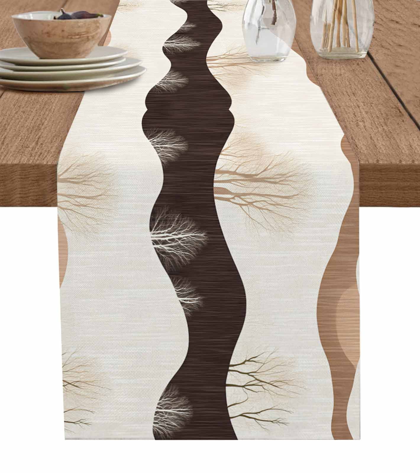 Beige Brown Stripe Table Runner 90 Inches, Modern Abstract Wave ...