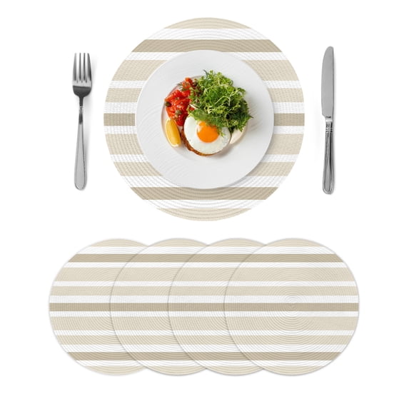 Beige Brown Striped Round 15 Inch Placemats Set of 4, Modern White ...