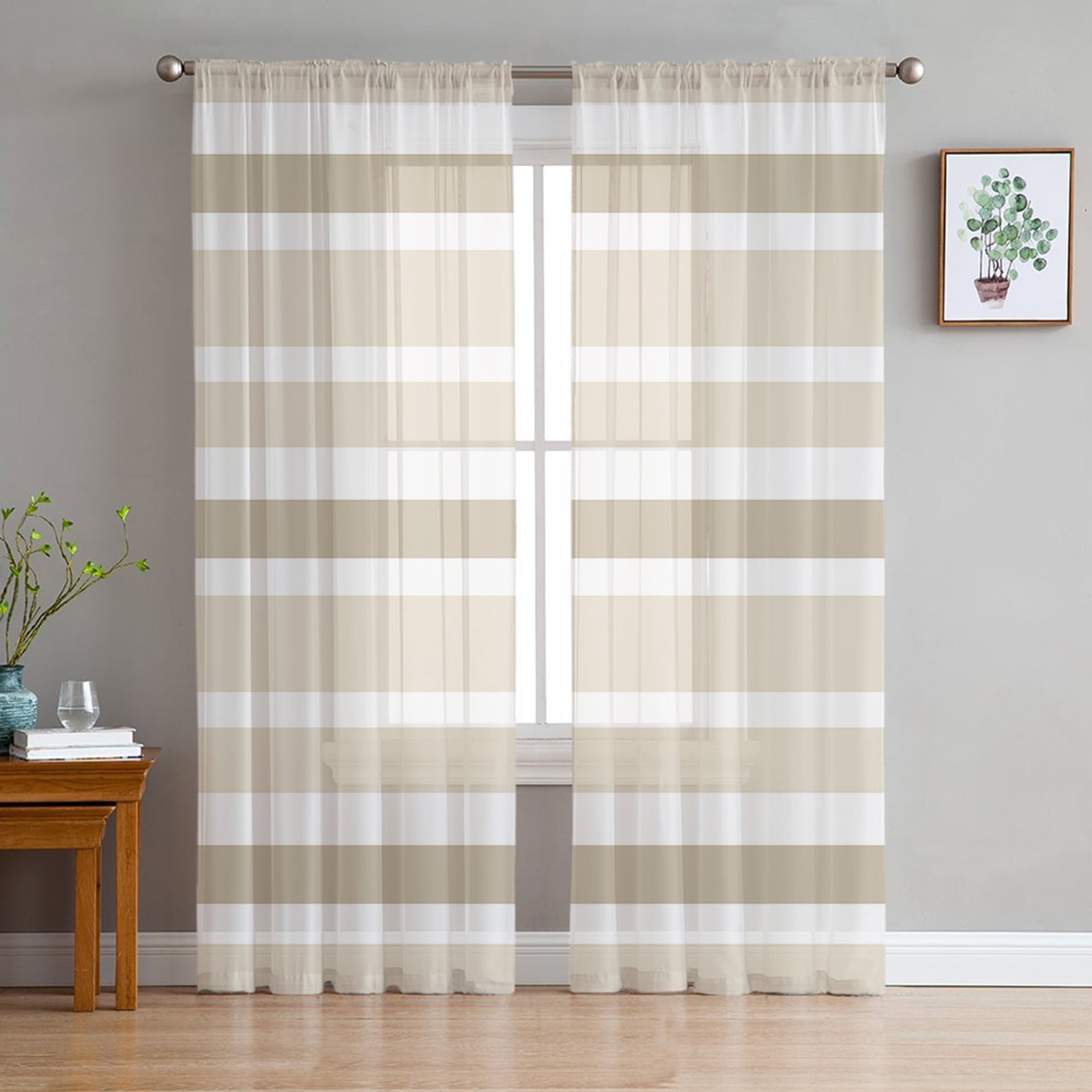Beige Brown Striped Sheer Curtains 63 Inch Length 2 Panels Set for ...