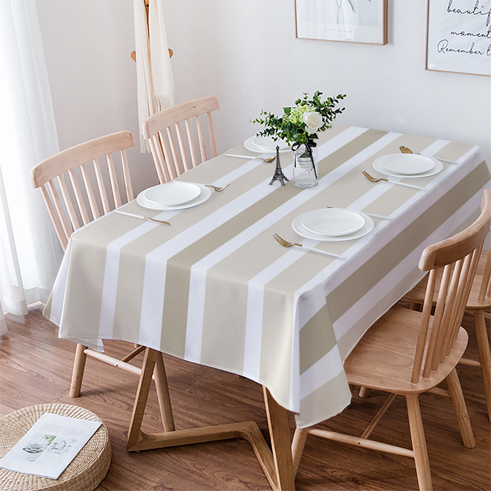 Beige Brown Striped Tablecloth Rectangle Table Cloth 52x70 , Waterproof ...